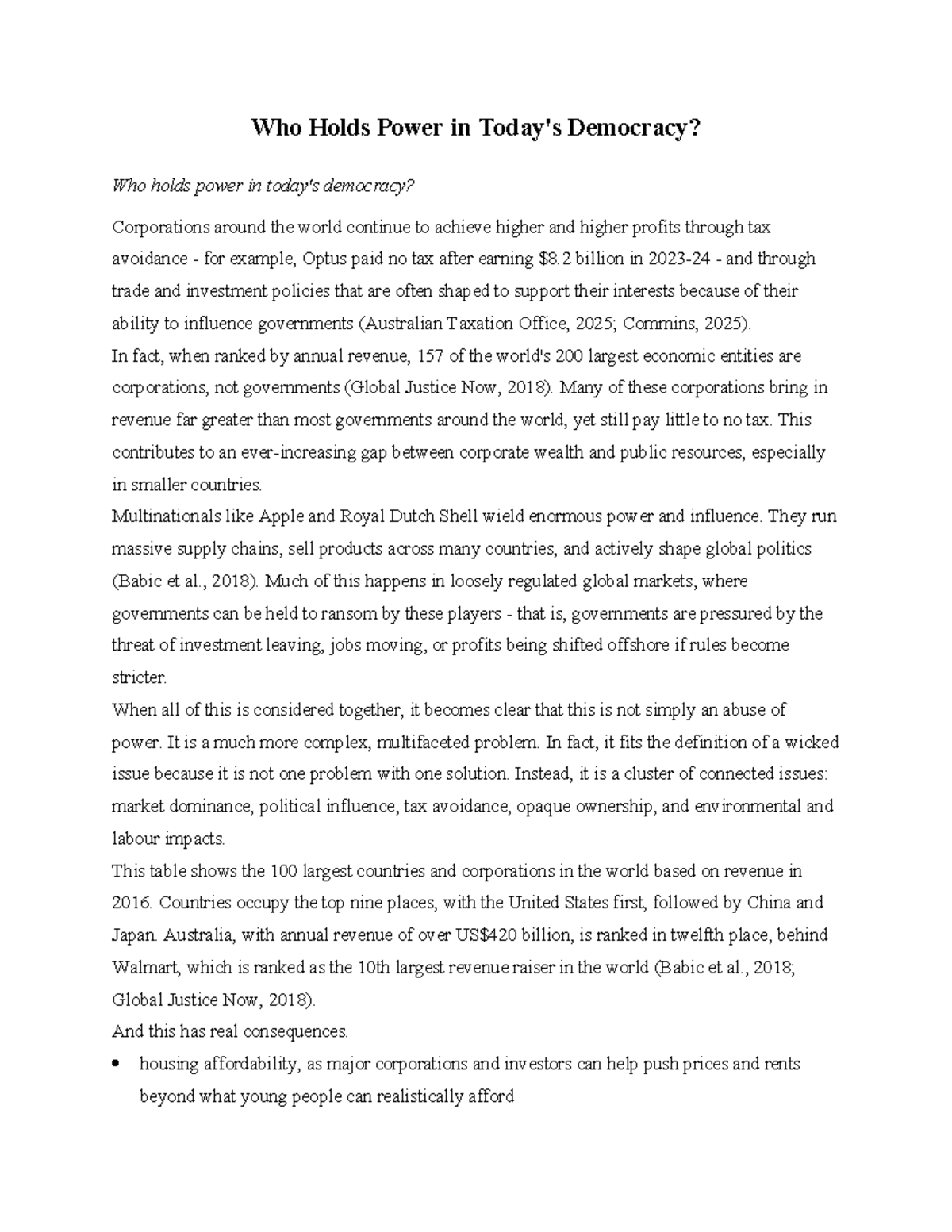 Corporate Power in Democracy: A Wicked Issue Analysis - Studocu