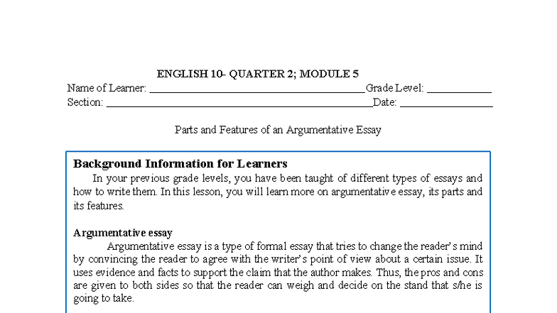 ENGLISH 101: Parts and Features of an Argumentative Essay - Studocu