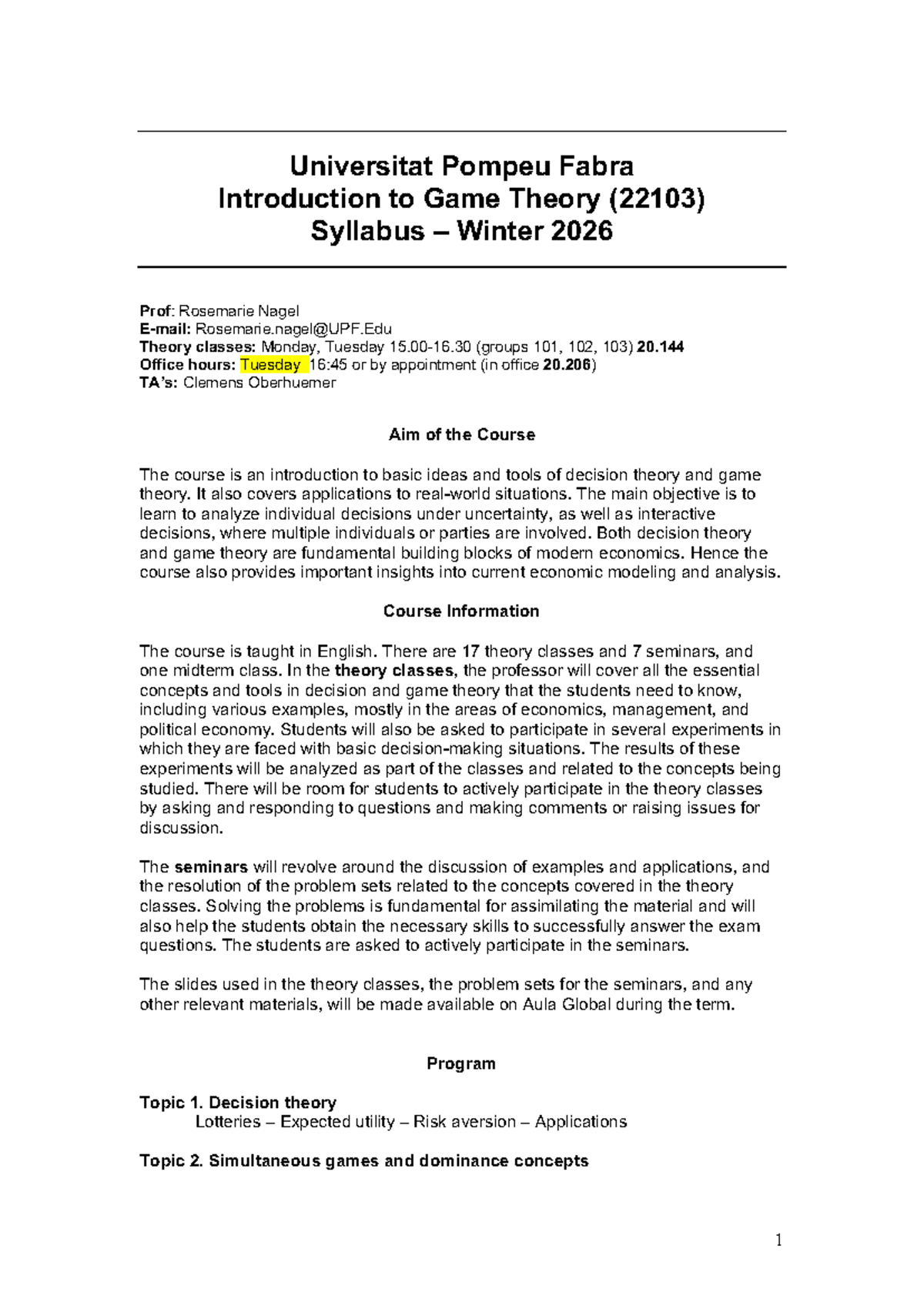 Introduction to Game Theory (22103) Syllabus - Winter 2026 - Studocu