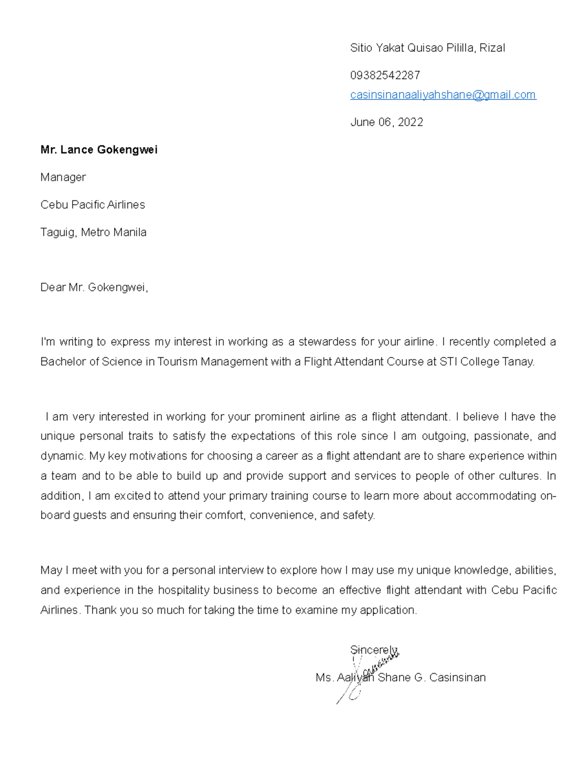 Application letter for flight attendant - Sitio Yakat Quisao Pililla ...