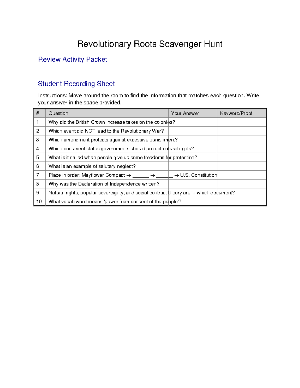 Revolutionary Roots Scavenger Hunt Review Activity Packet - Studocu
