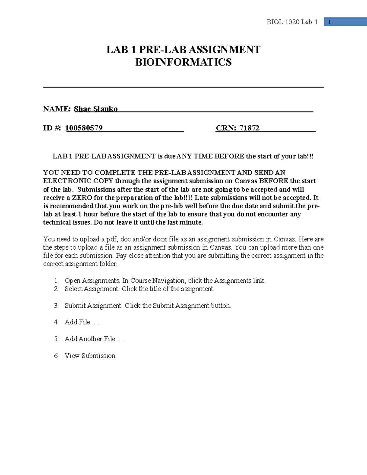 Lab 1 Pre-lab assignment Bioinformatics - BIOL 1020 Lab 1 1 LAB 1 PRE ...
