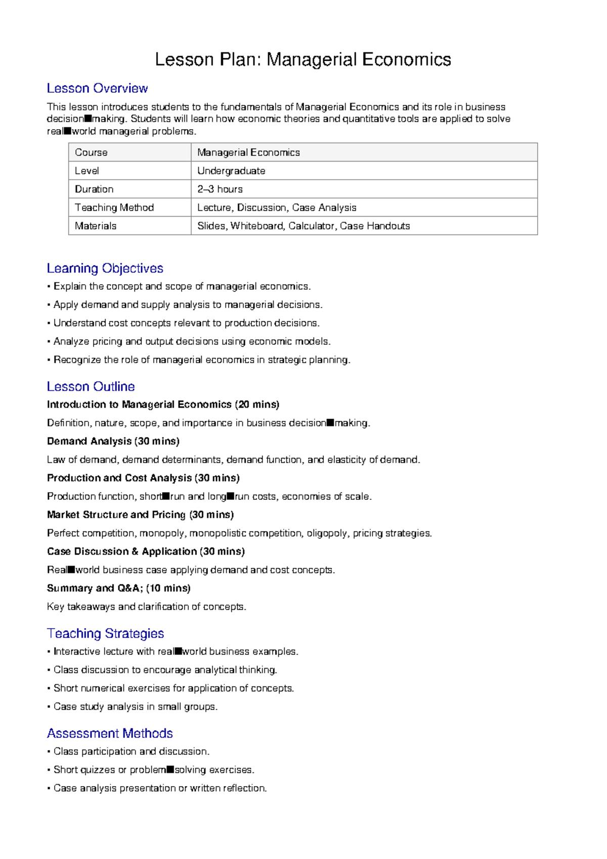 Managerial Economics Lesson Plan: Key Concepts & Applications - Studocu