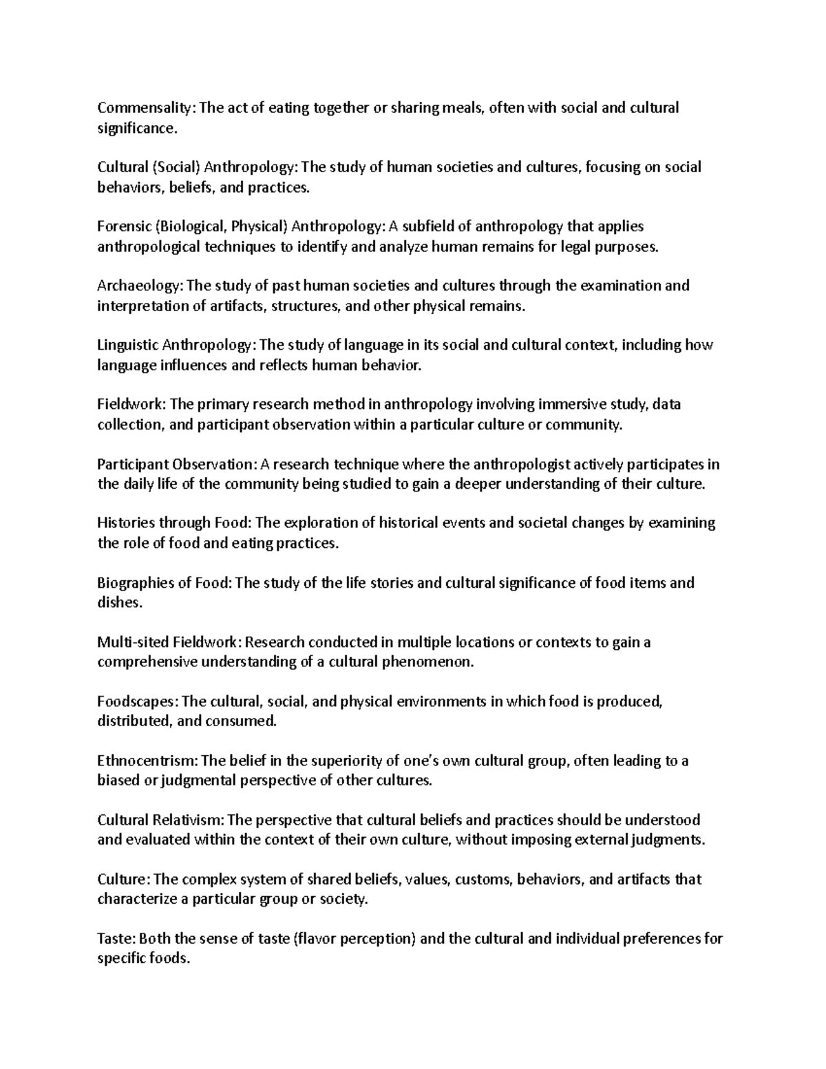 F&C Terms: Key Concepts in Cultural and Food Anthropology - Studocu