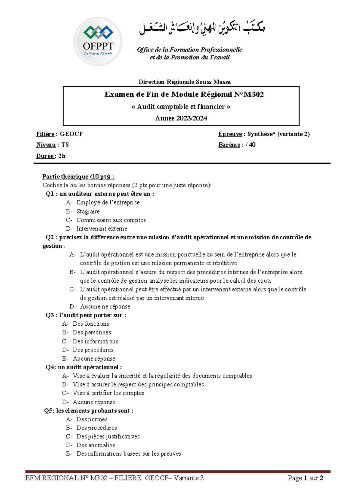 EFM REGIONAL M302 Audit Correction - Examen de Fin de Module Variante 2 - Studocu