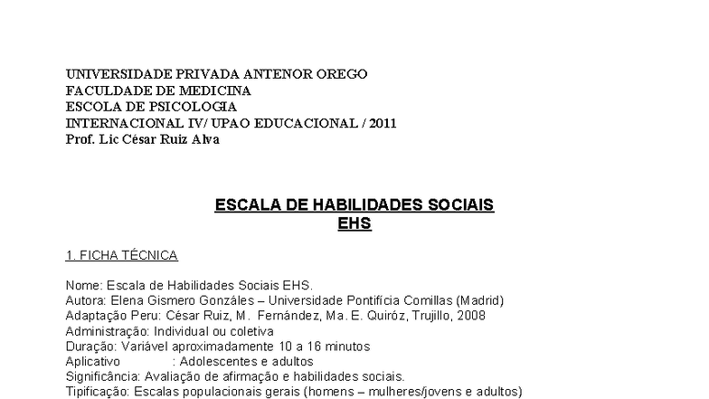 Escala de Habilidades Sociais - Psicologia Organizacional - UMESP - Studocu