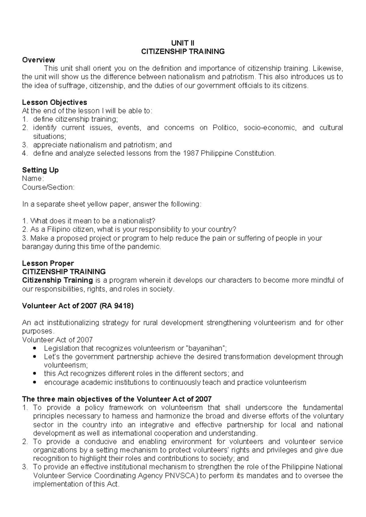 NSTP 1 Module 2: Understanding Citizenship, Nationalism, and Patriotism ...