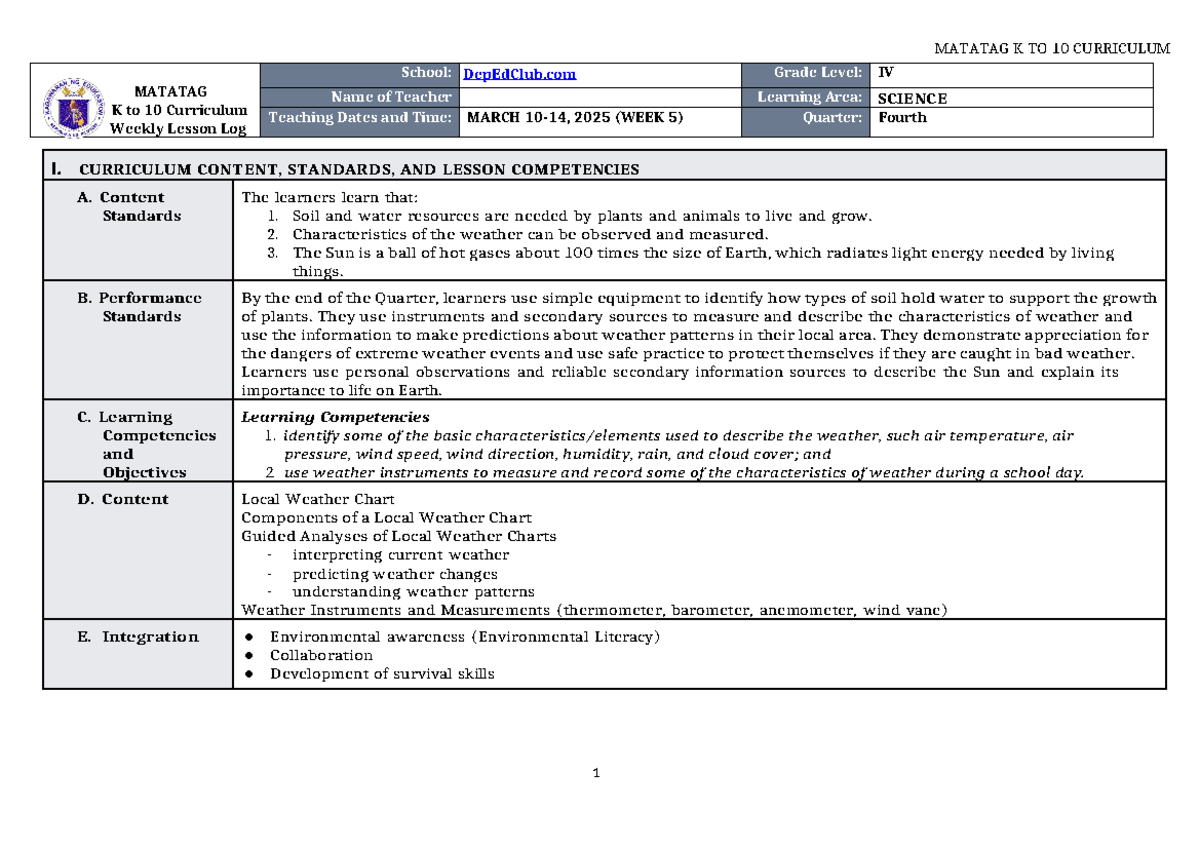 DLL Science 4 Q4 W5 - DLL - MATATAG K to 10 Curriculum Weekly Lesson Log School: DepEdClub Grade ...