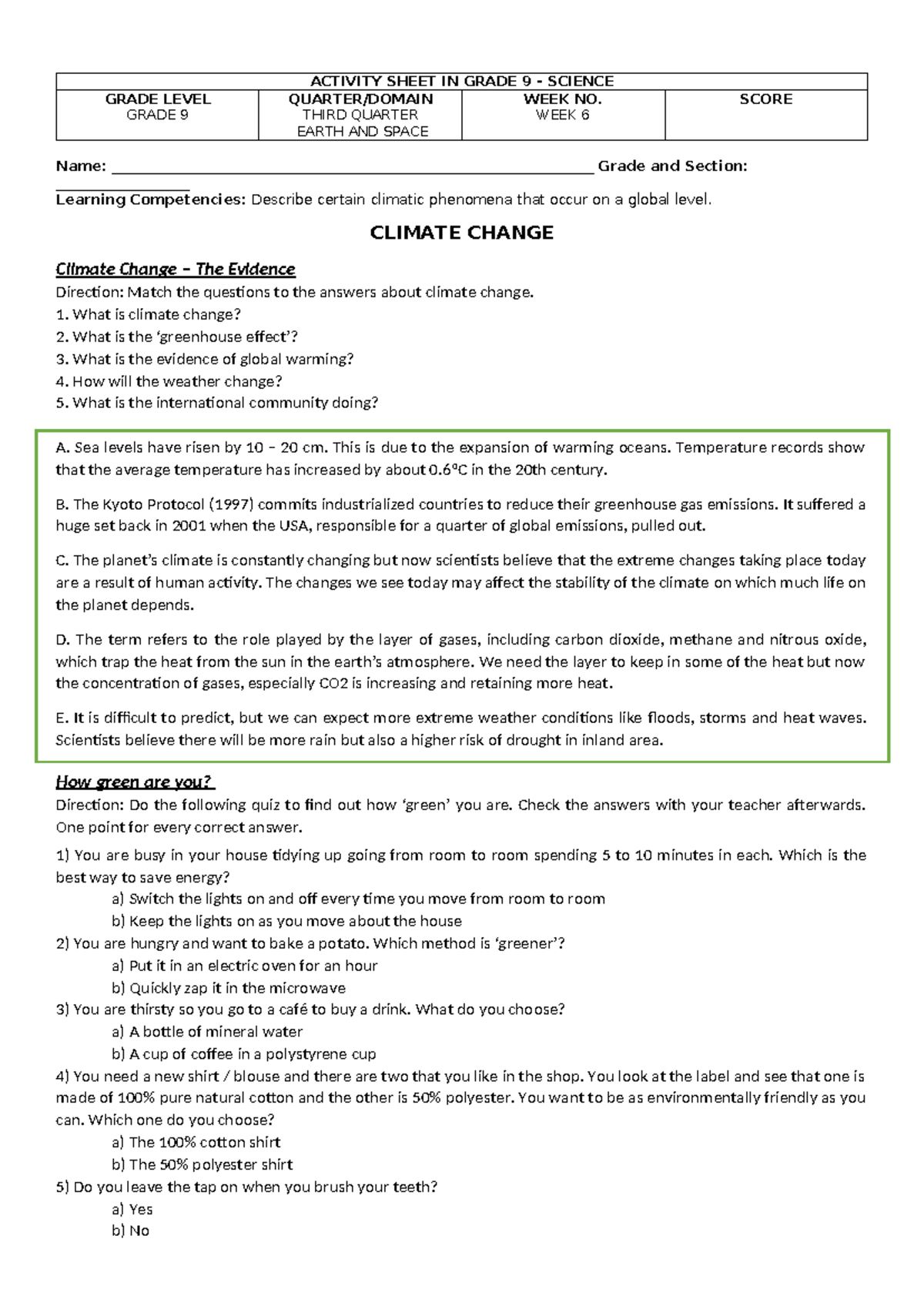 LAS Grade 9 Science Activity Sheet: Climate Change Quiz and Match - Studocu