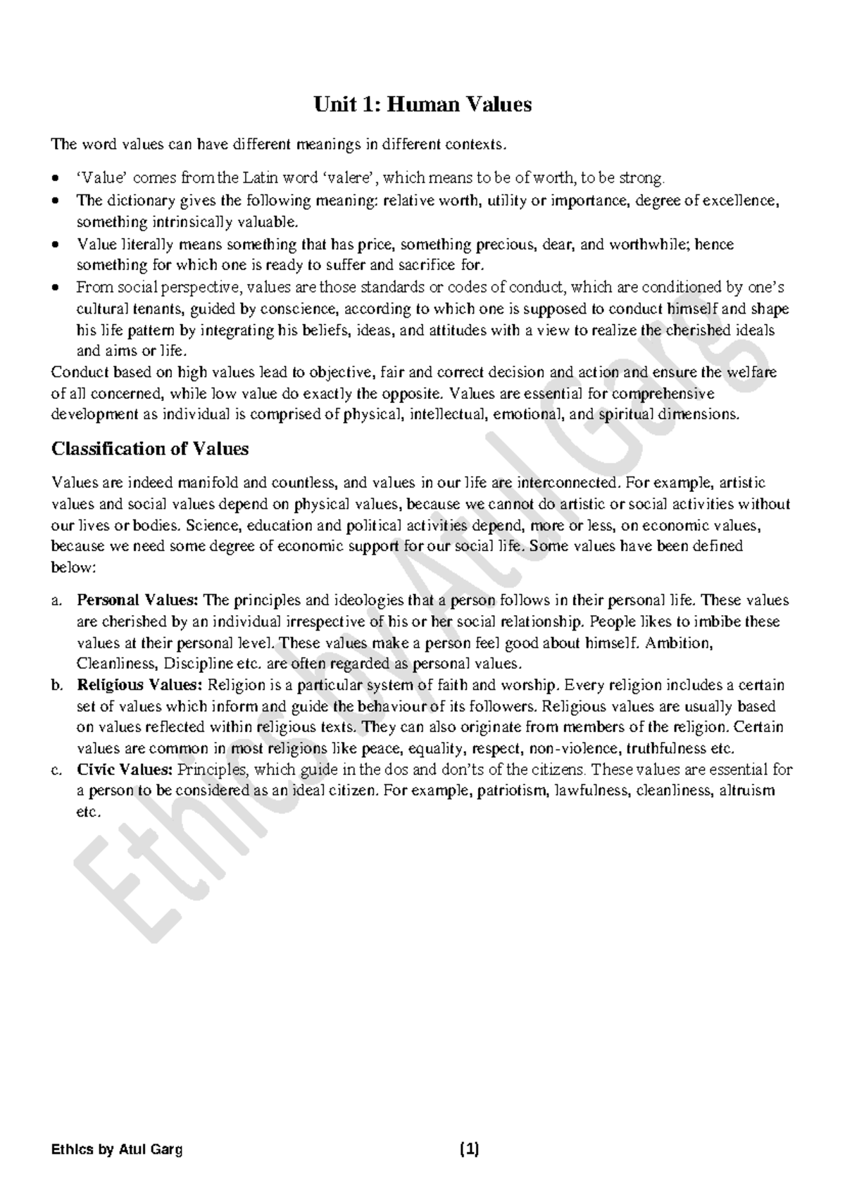 Unit 1: Understanding Human Values and Their Importance - Studocu