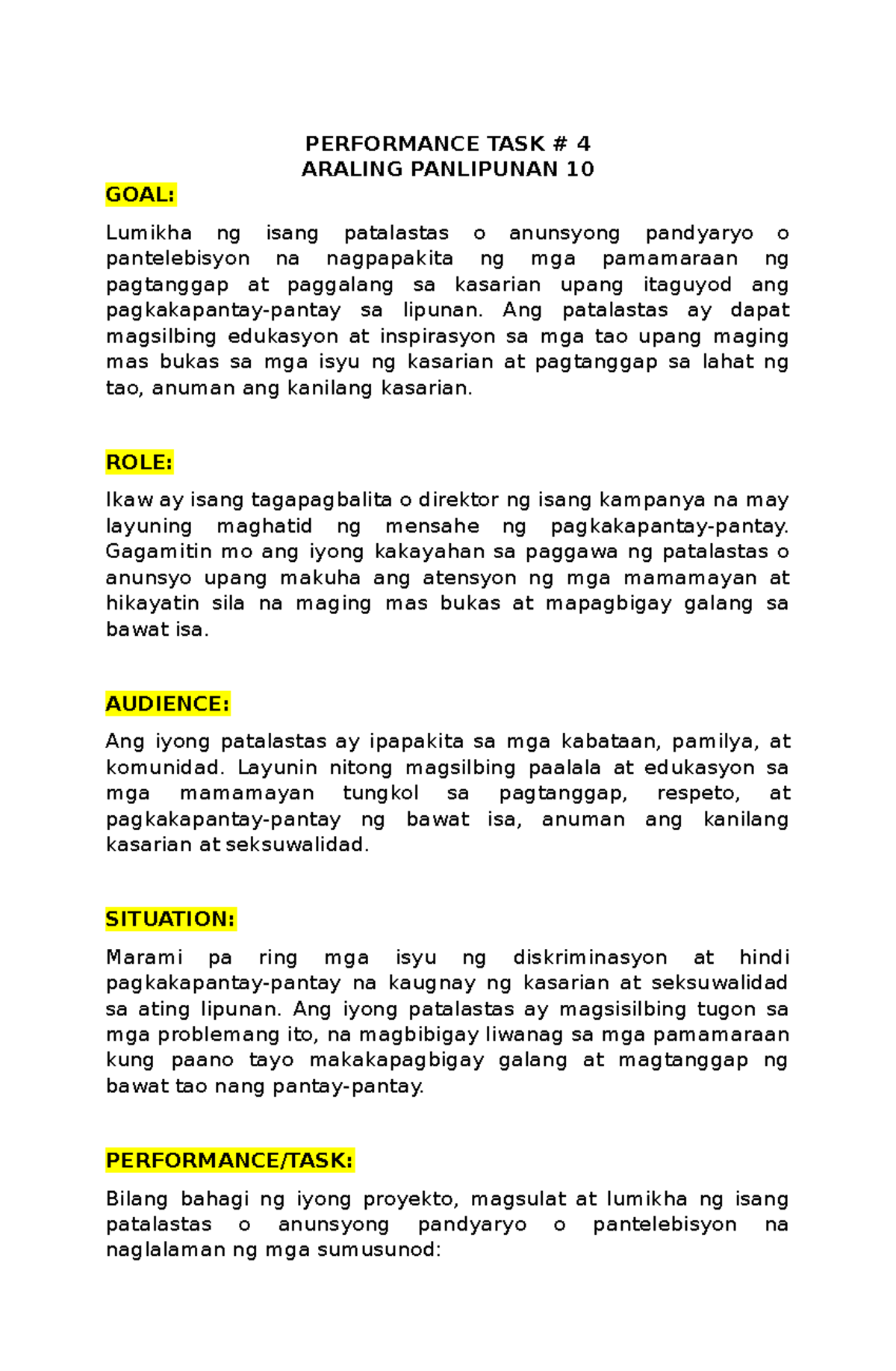 Patalastas sa Paggalang sa Kasarian: Performance Task AP10 Q3 - Studocu