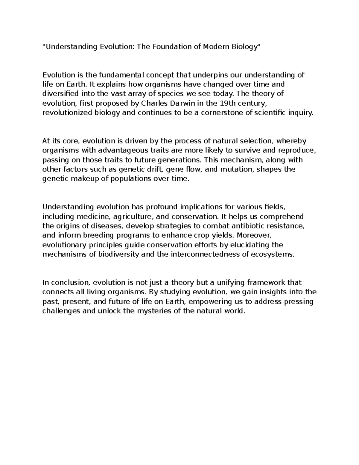 Essay 1 - "Understanding Evolution: The Foundation of Modern Biology ...