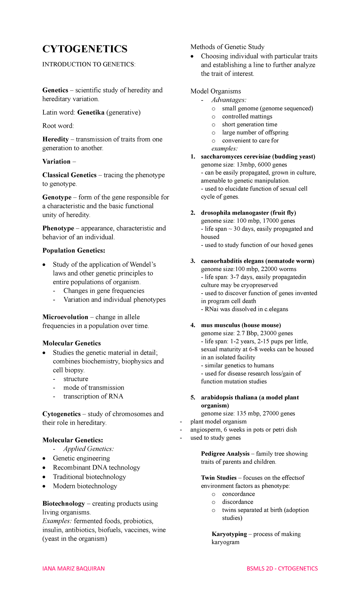 Cytogenetics Unit 1: Methods and Principles of Genetic Study - Studocu