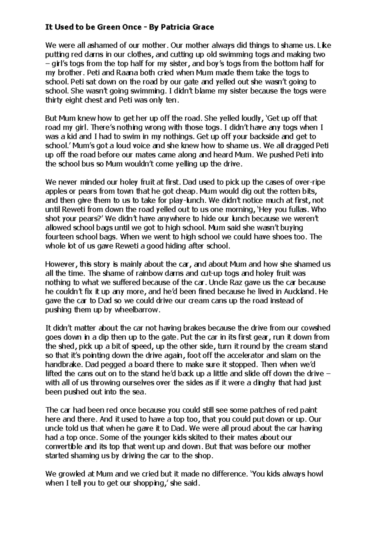 ENG 201 - It Used to Be Green Once: Notes & Analysis on Patricia Grace ...