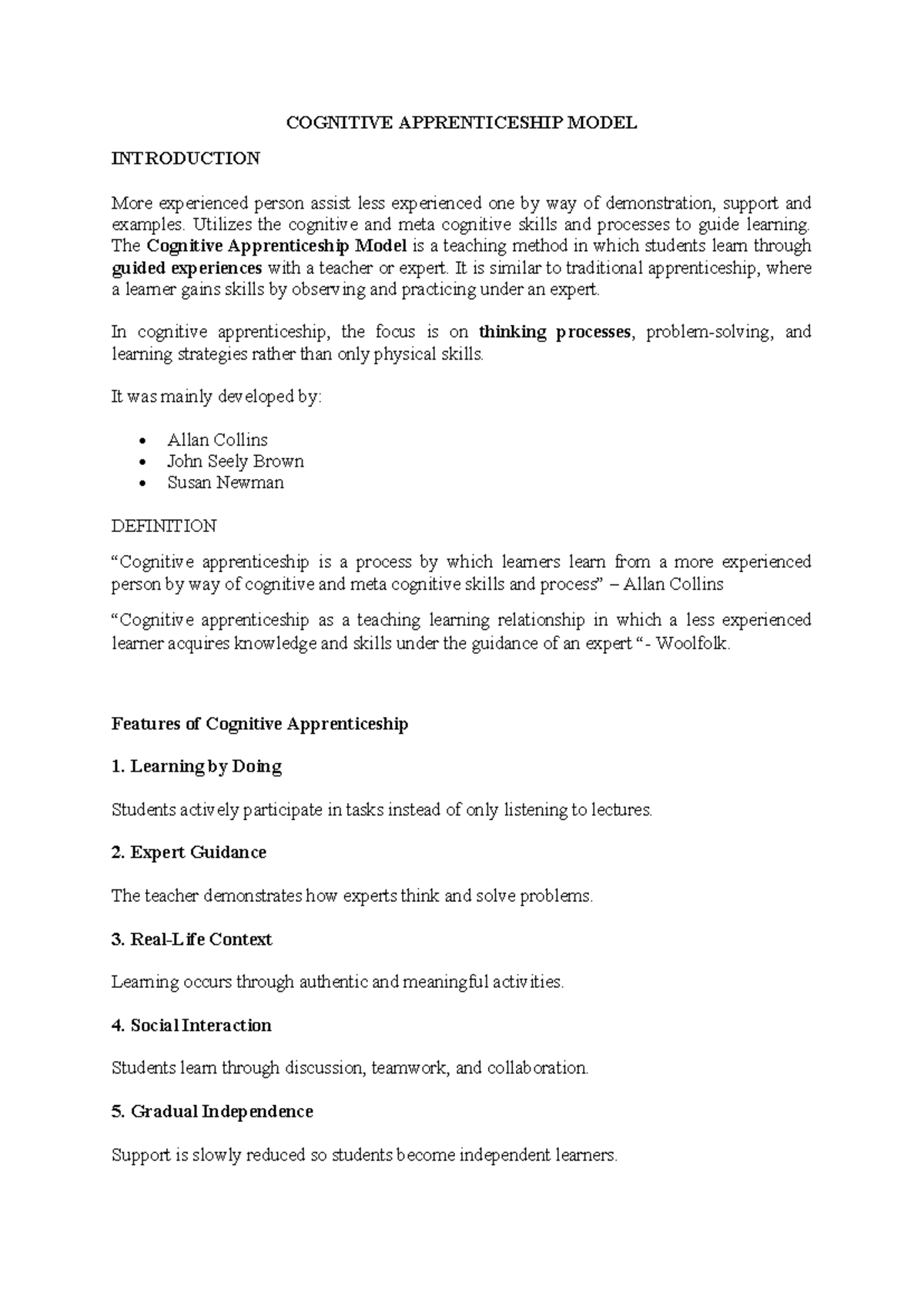 COG 101: Cognitive Apprenticeship Model Overview and Strategies - Studocu