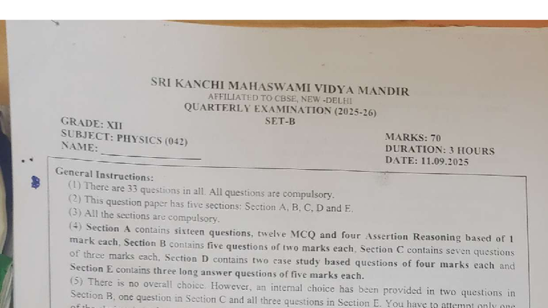 Physics Grade XII Quarterly Exam (042) - 11.09.2025 - Studocu