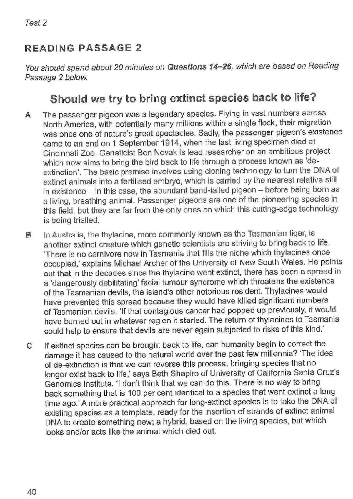 Test 2: Reading Passage 2 - The Quest to Revive Extinct Species - Studocu