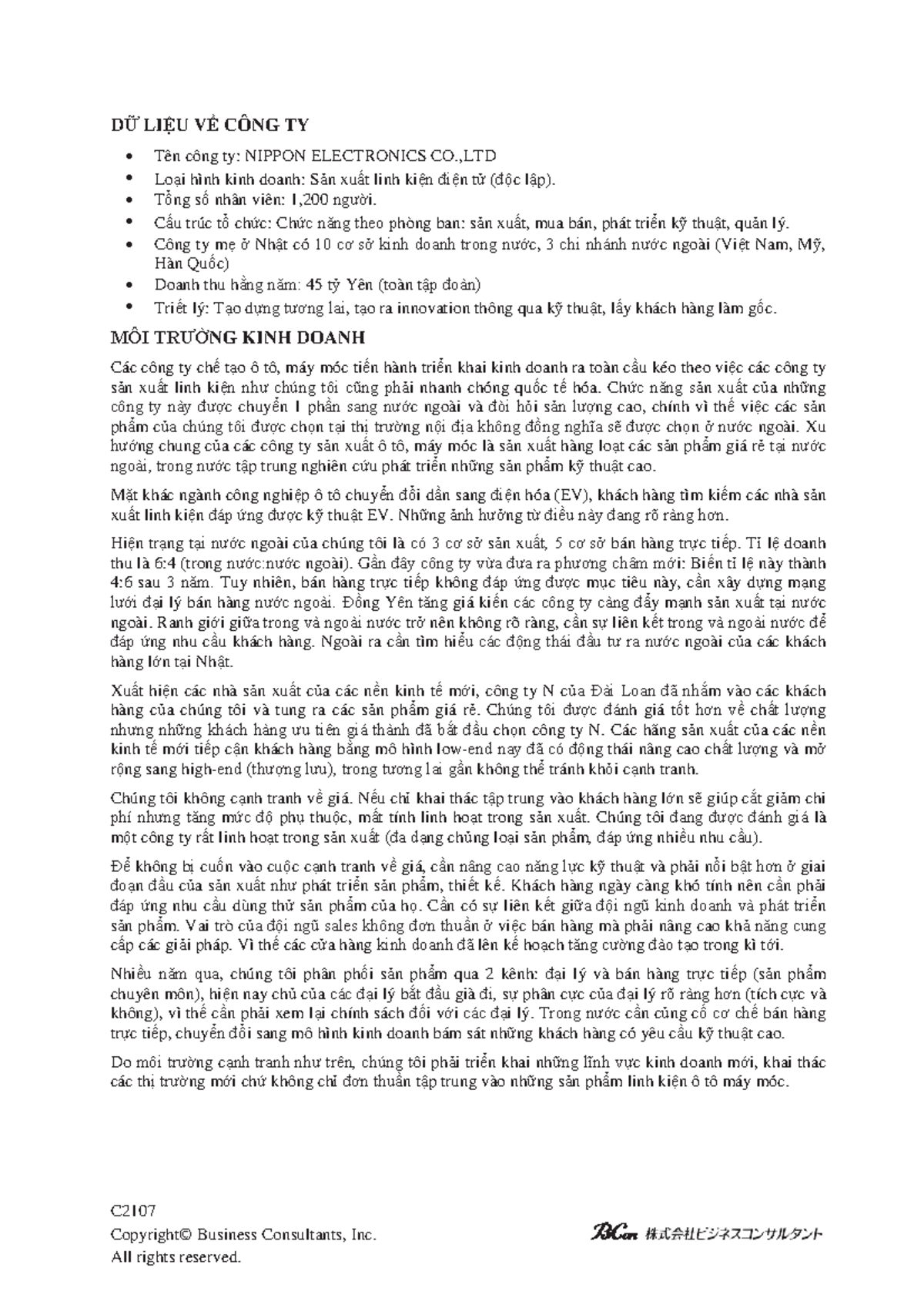 Case 2 - Case study - C Copyright© Business Consultants, Inc. DỮ LIỆU VỀ CÔNG TY Tên công ty ...