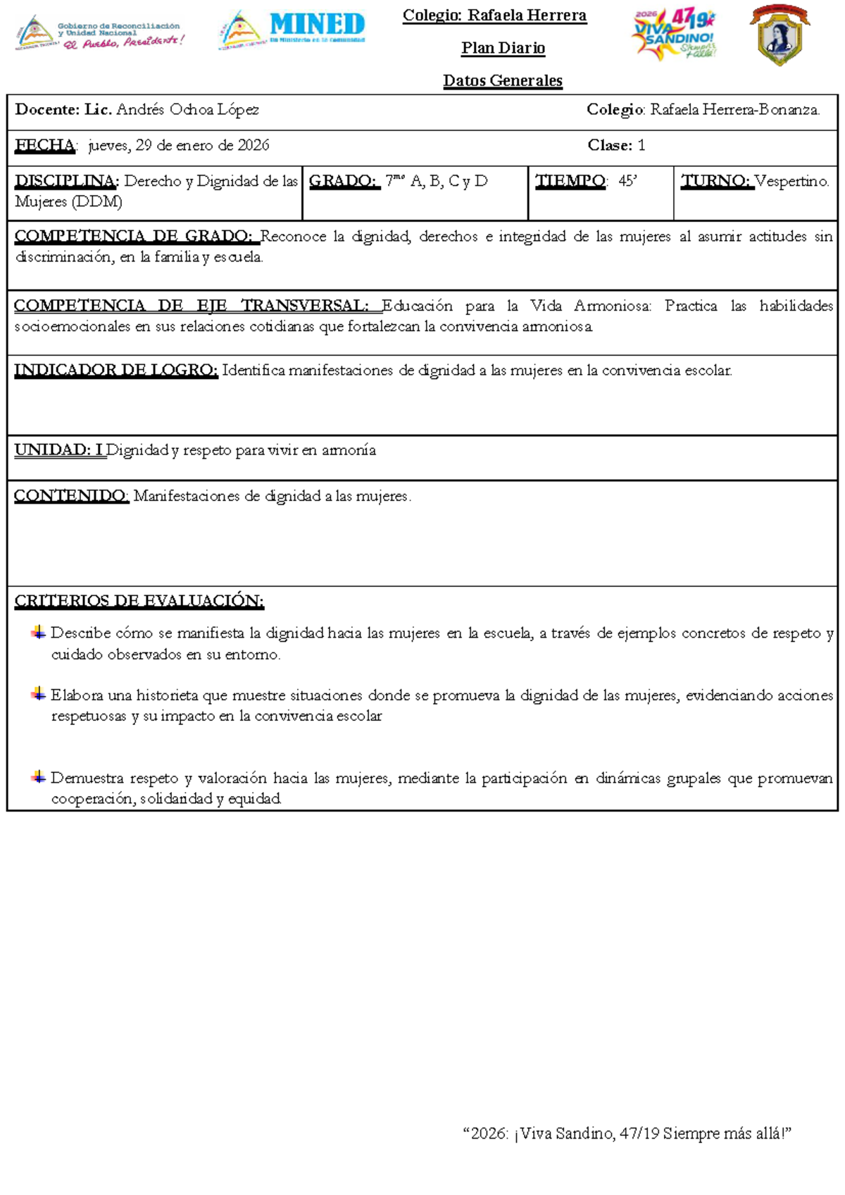 Plan de Clases DDM-7mo: Dignidad y Respeto - 29/01/2026 - Studocu