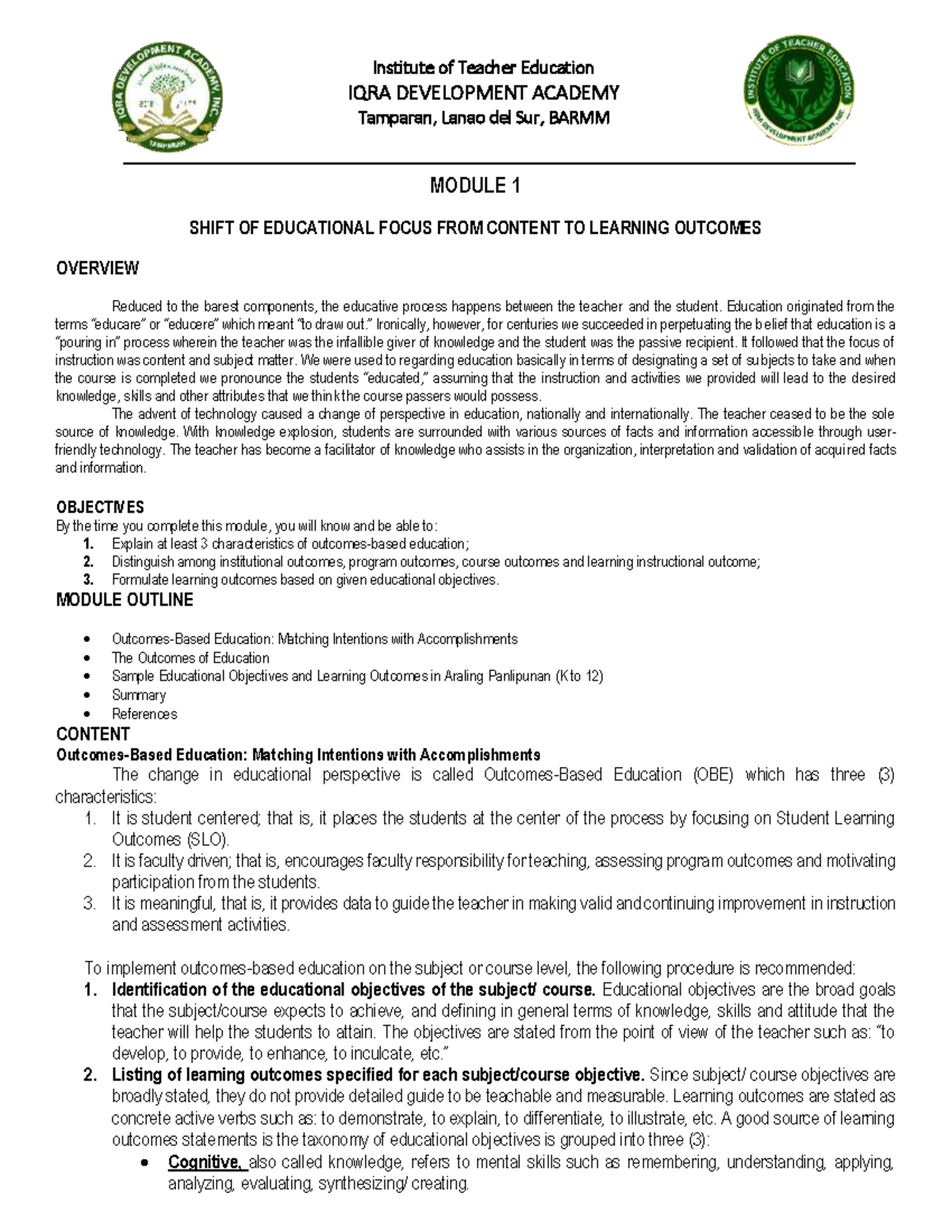 Module 1: Educational Focus Shift from Content to Learning Outcomes - Studocu
