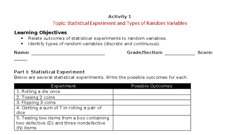 Activity 1: Statistical Experiments & Random Variables Analysis - Studocu