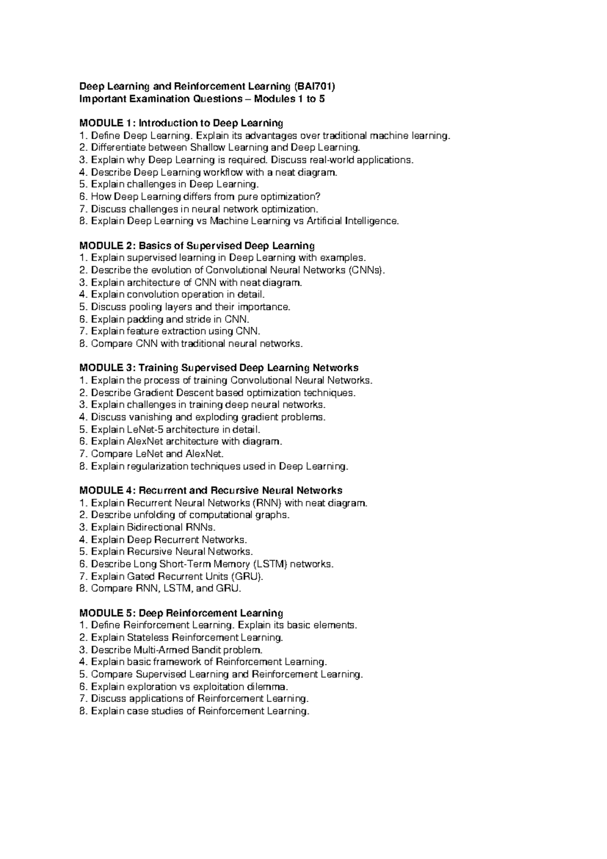 BAI701 Final Exam: Key Questions on Deep Learning & Reinforcement ...