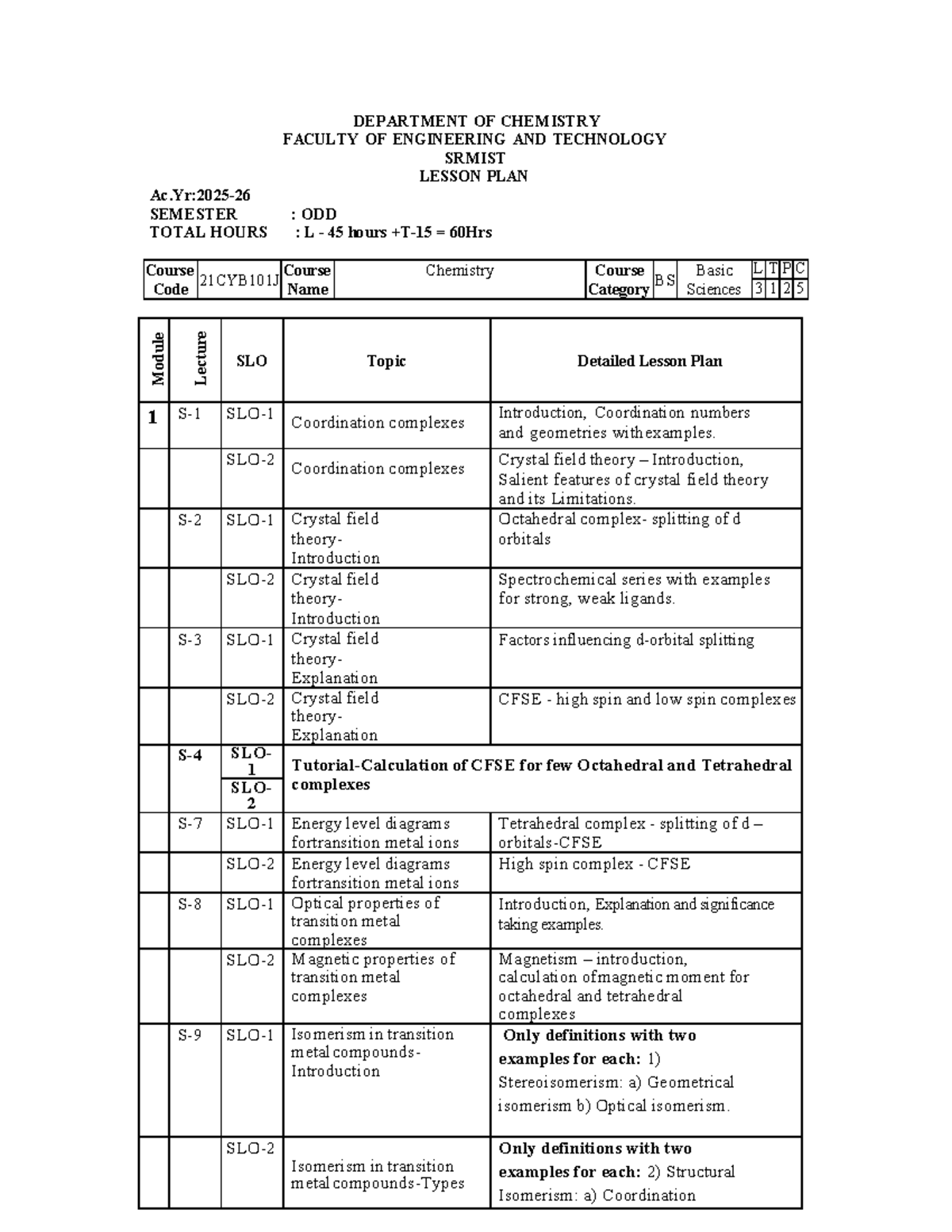 Chemistry Theory and Lab Lesson Plan 21CYB101J ODD Semester 2025-26 ...