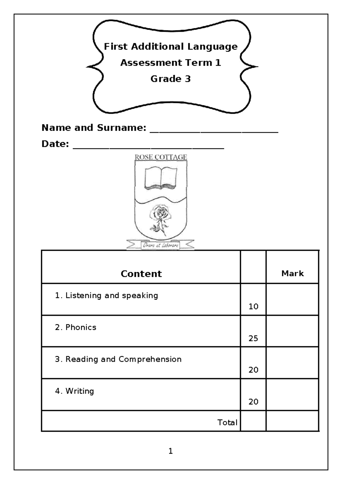 Grade 3 FAL term 1 NEW 1 - First Additional Language Assessment Term 1 ...