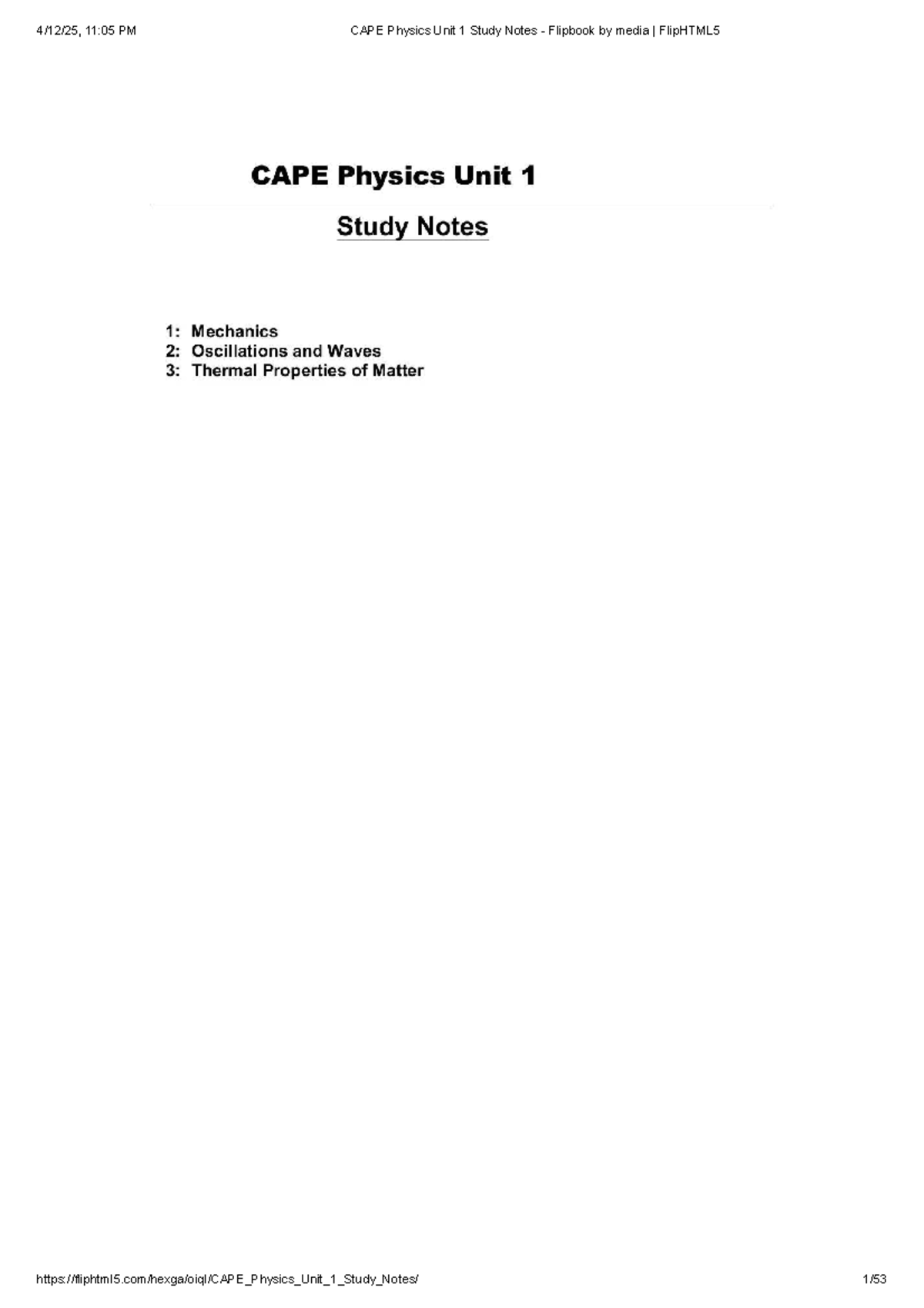 CAPE Physics Unit 1 Study Notes: Comprehensive Flipbook Version - Studocu