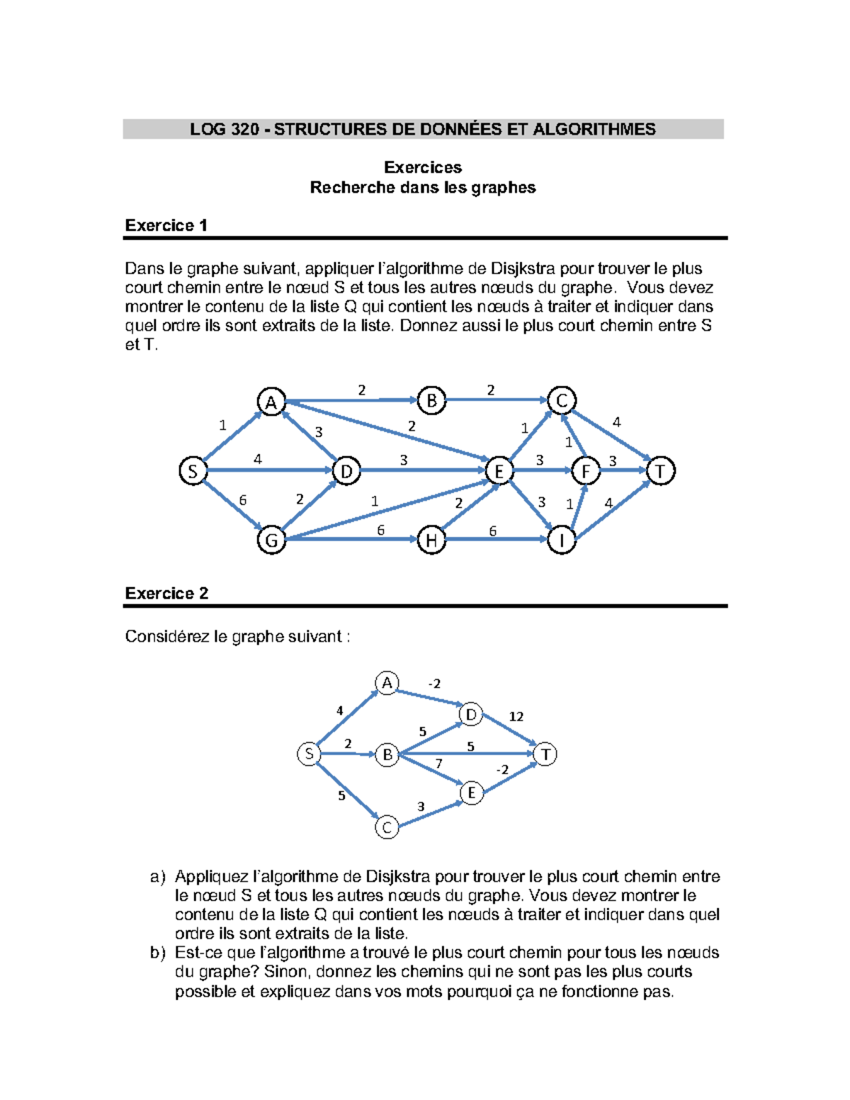 LOG 320 Exercices sur les Algorithmes de Chemin Optimal - Studocu