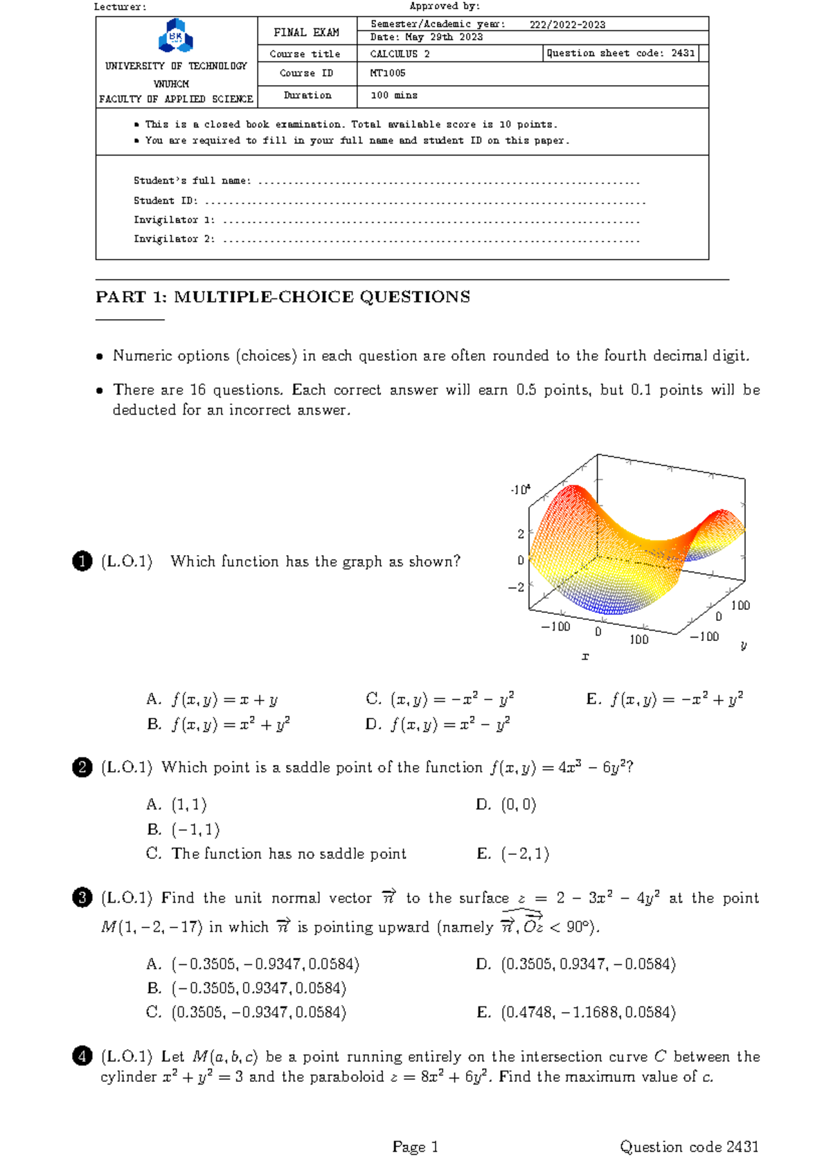 Calculus 2 Final Exam MT1005 - Question Sheet Code 2431 - Studocu