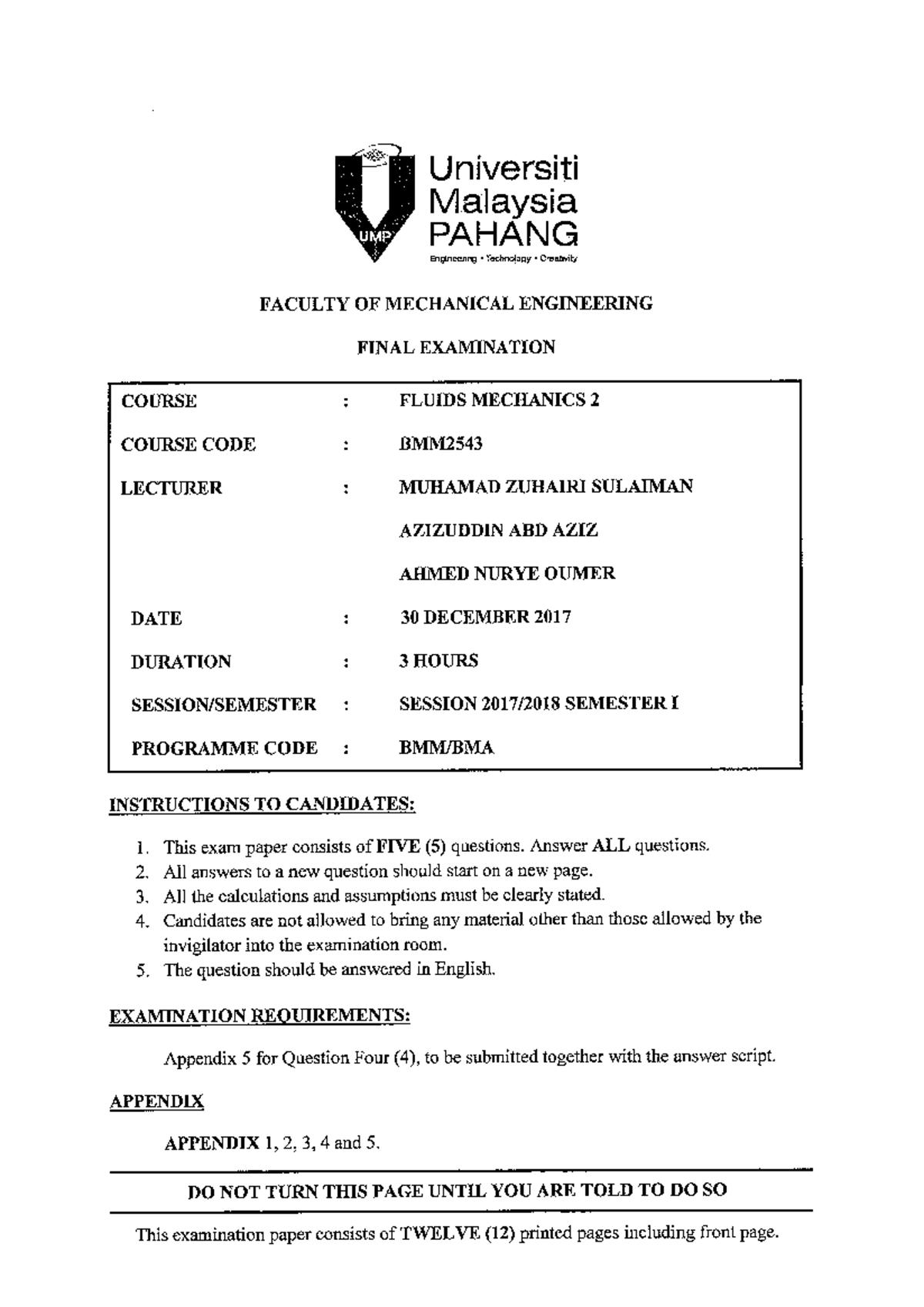 FINAL EXAM BMM: FLUIDS MECHANICS 2 REVIEW SESSION 2017/2018 - Studocu