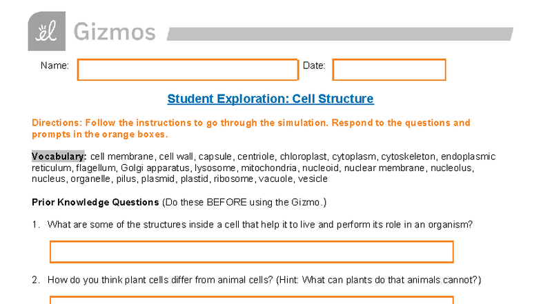 Jimmy Ko - Student Exploration: Cell Structure Gizmo Guide - Studocu