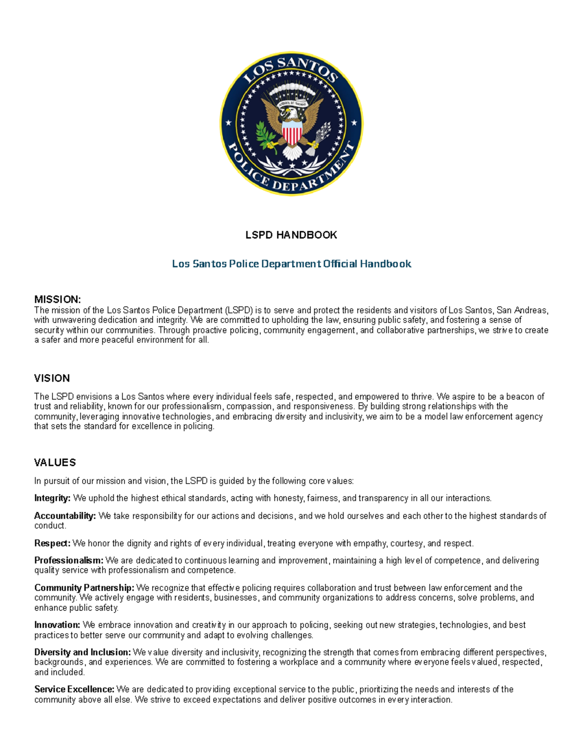 LSPD Handbook Overview - Los Santos Police Department Essentials - Studocu