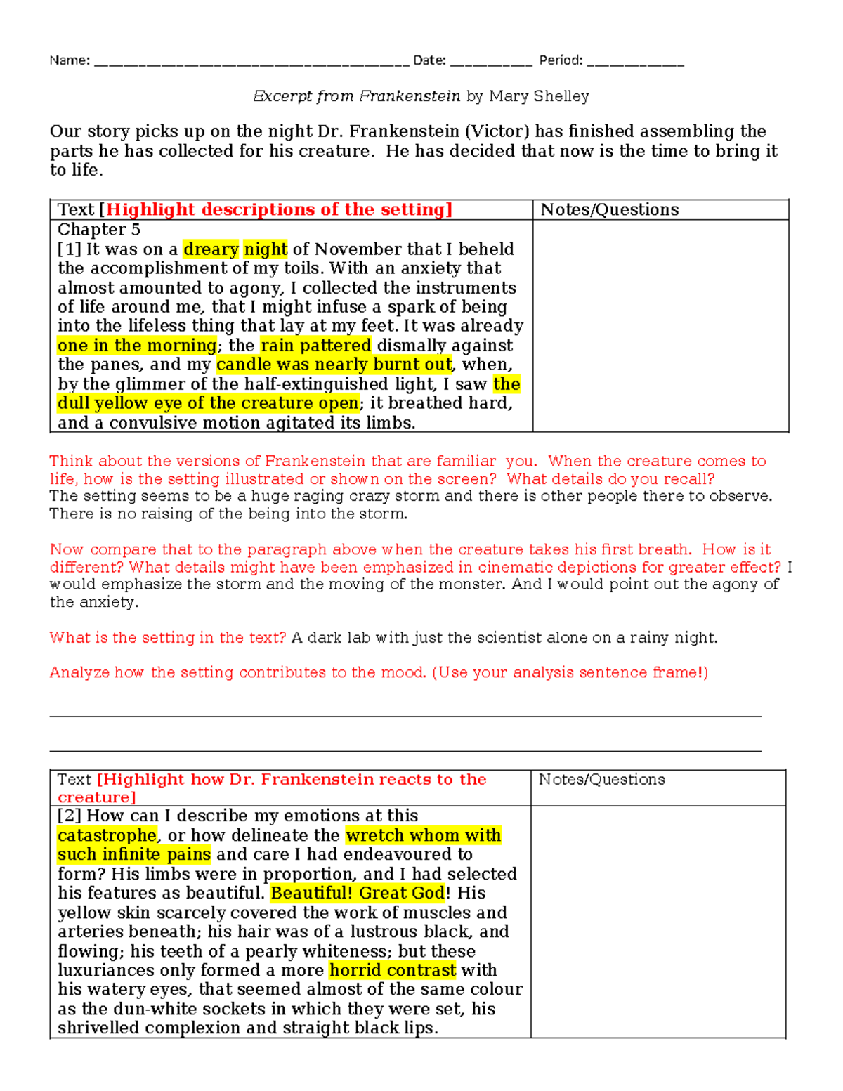 Frankenstein lesson notes: analysis of chapters 5 to 11 - Studocu