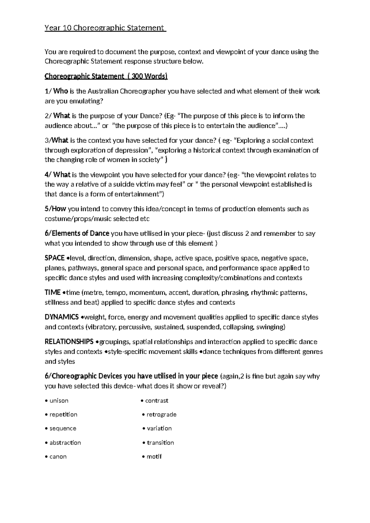 Choreographic Statement Scaffold - Year 10 Choreographic Statement You ...