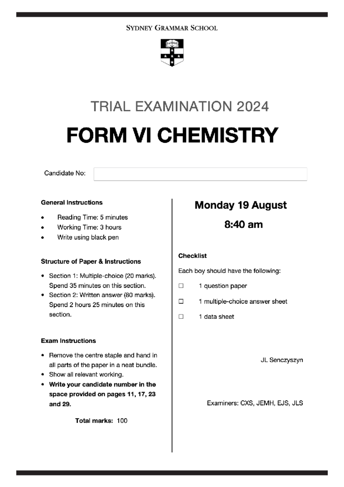 SYDNEY GRAMMAR SCHOOL FORM VI CHEMISTRY TRIAL EXAM 2024 - Studocu