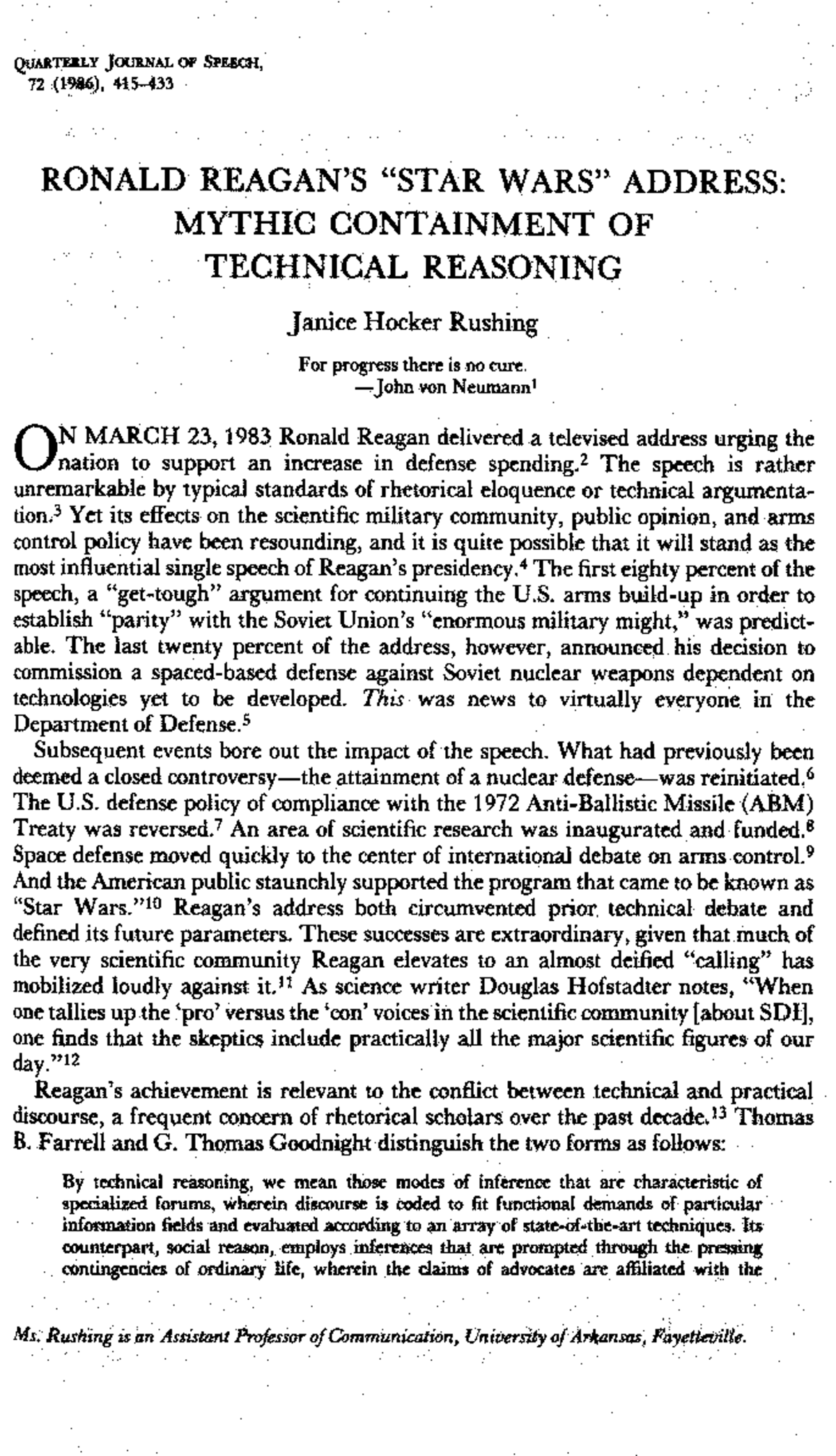 Rhetorical Analysis of Reagan's "Star Wars" Speech: Mythic Context ...