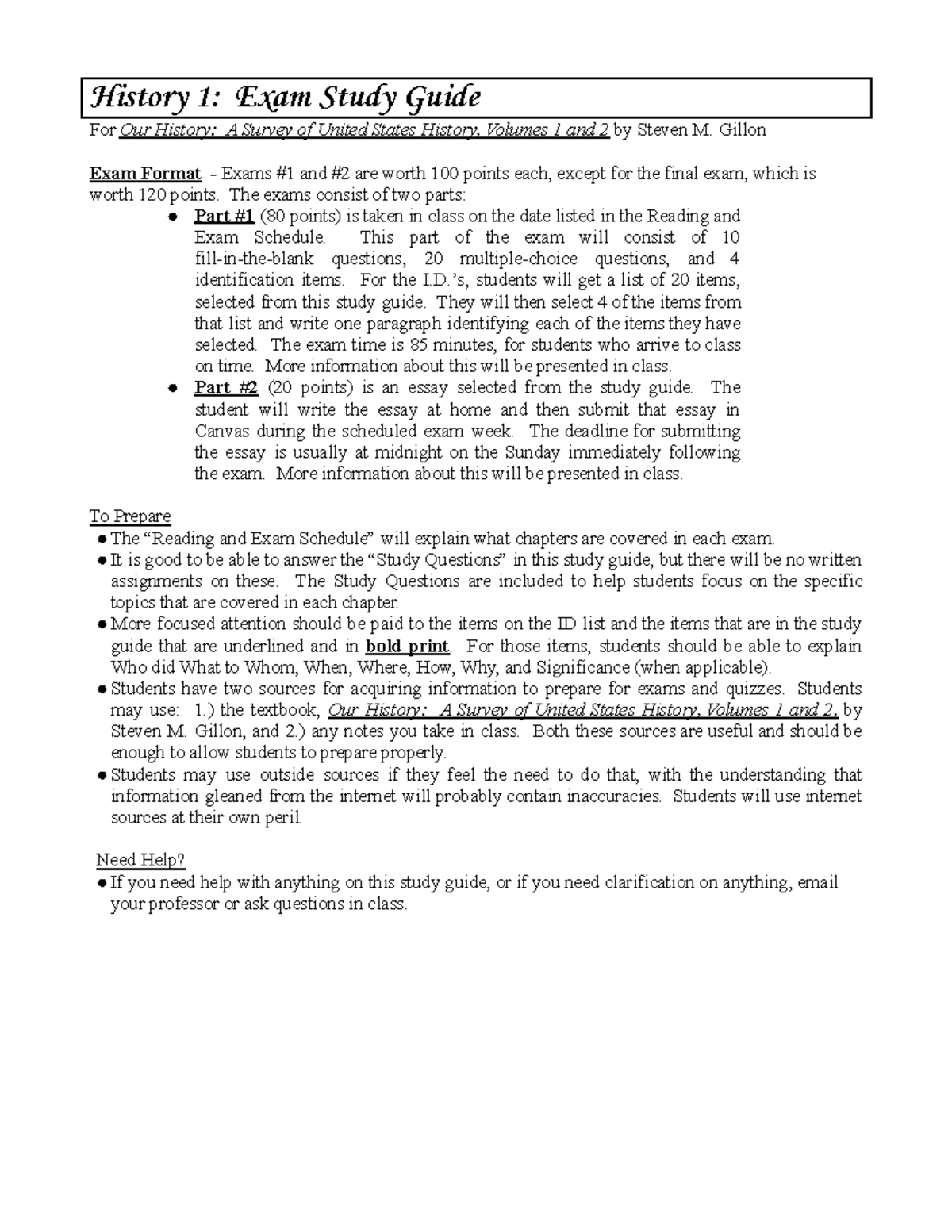 History 1: Study Guide for Exam - A Survey of US History, Vol. 1 & 2 ...