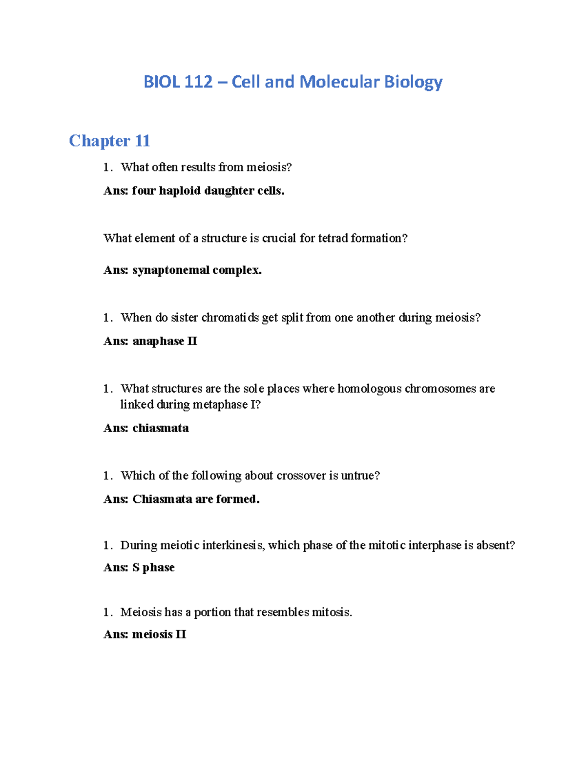 BIOL 112 Chapter 11 - BIOL 112 – Cell and Molecular Biology Chapter 11 ...