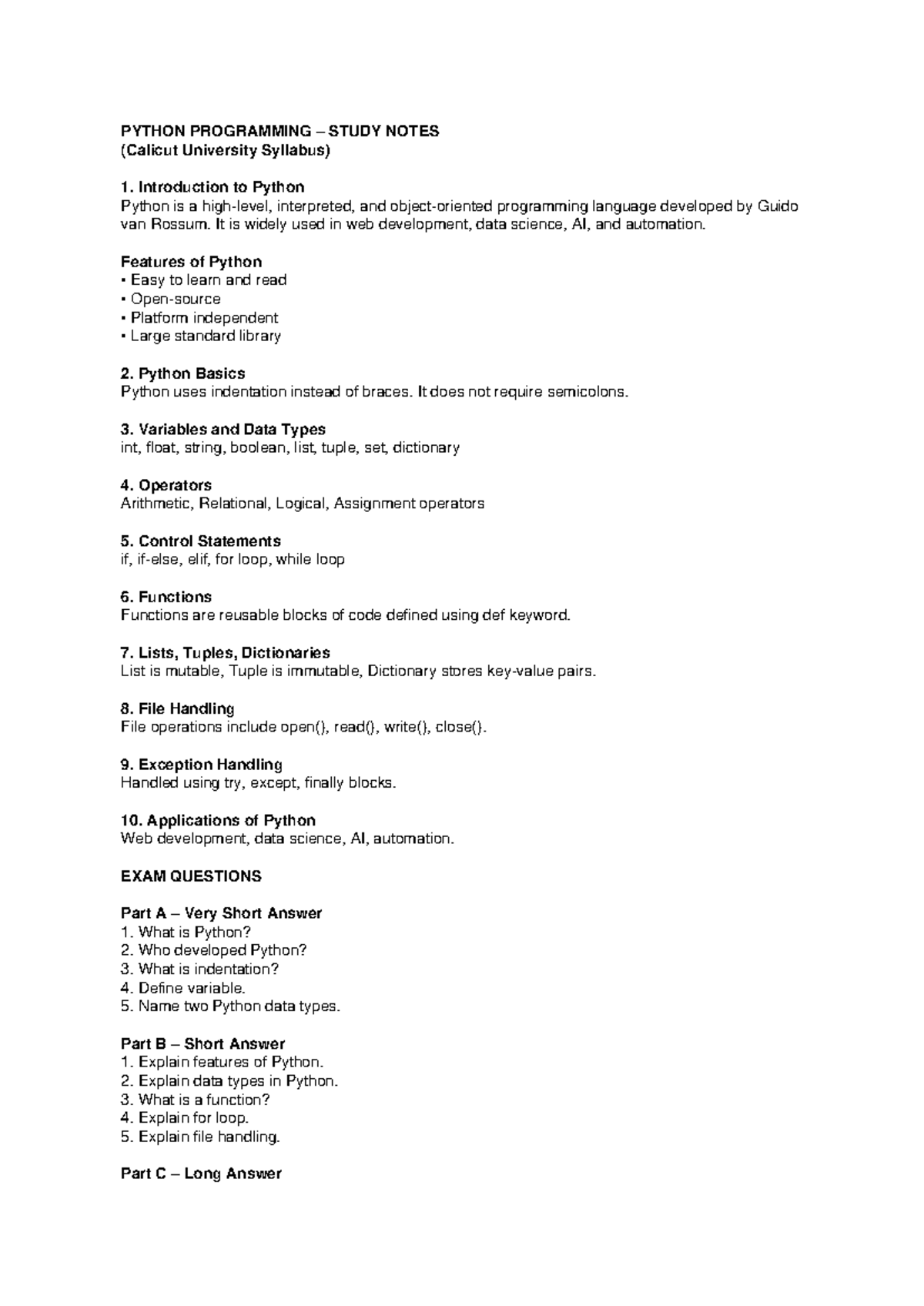 PYTHON PROGRAMMING STUDY NOTES (Calicut University) - Studocu