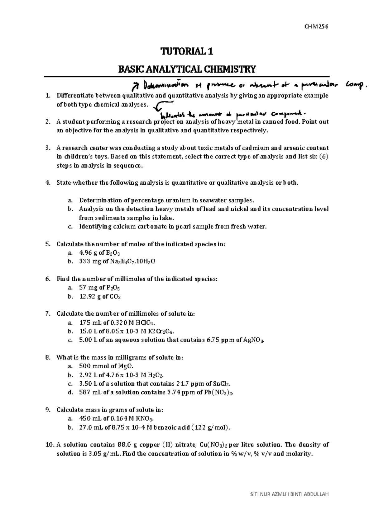 CHM256 TUTORIAL 1: ANALYTICAL CHEMISTRY CONCEPTS & CALCULATIONS - Studocu