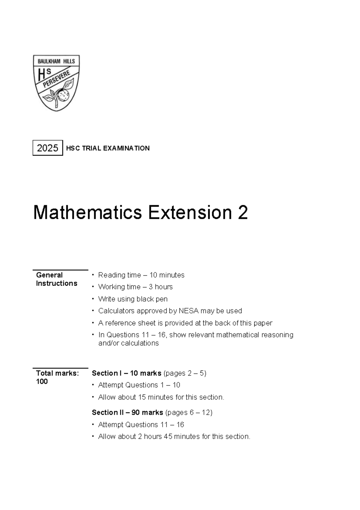 2025 HSC Trial Exam Mathematics Extension 2 - Questions - Studocu