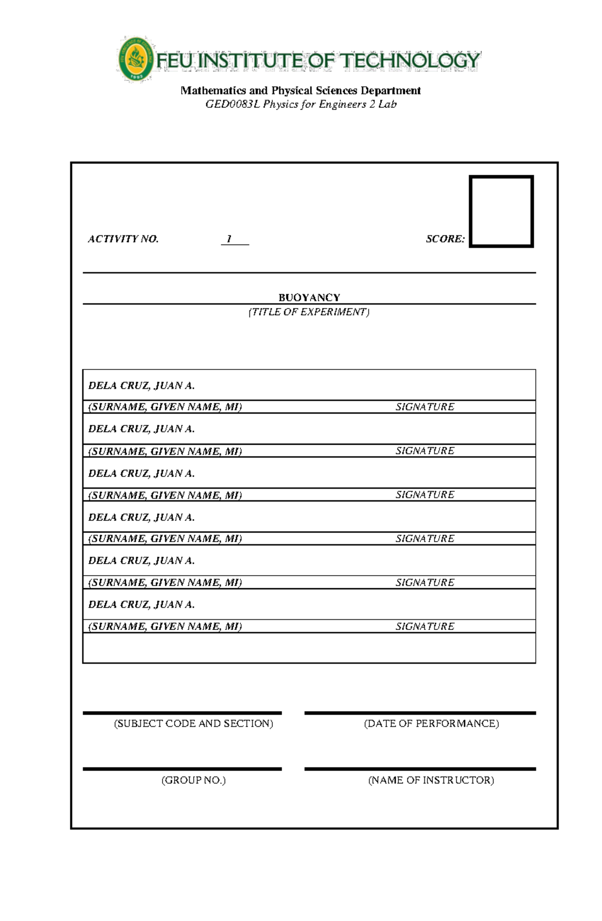 GED0083L Buoyancy Lab Report - Activity No. 1 (August 2024) - Studocu