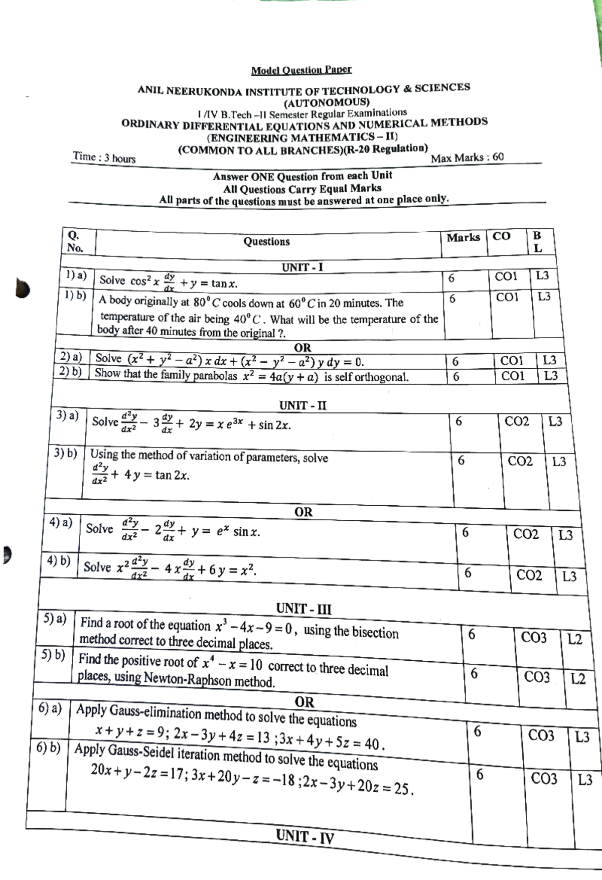 Model Question Paper R-19 M-2: Ordinary Differential Equations ...