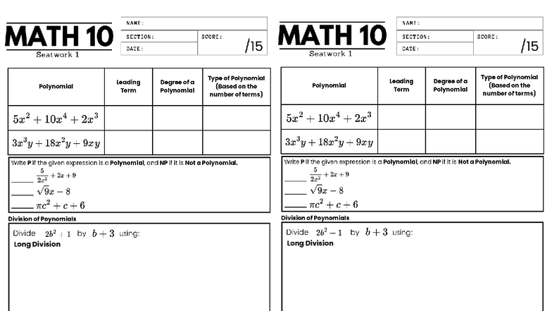 MATH 10: Seatwork 1 - Division of Polynomials - Studocu