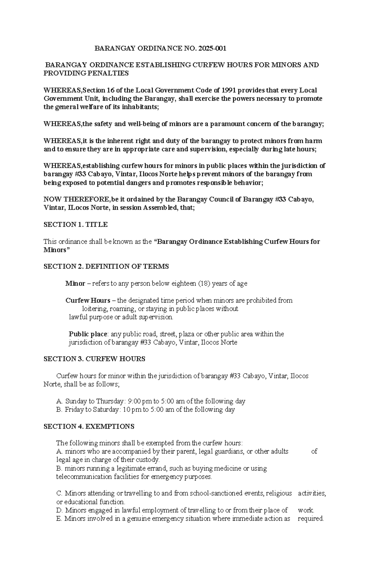 Ordinance No. 2025: Curfew Hours for Minors in Barangay Cabayo, Vintar ...