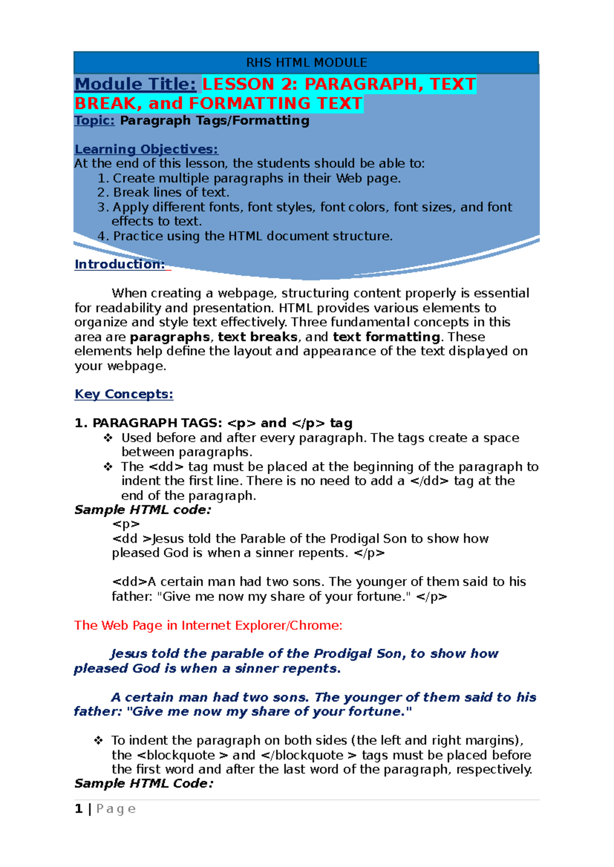 RHS HTML MODULE: Lesson 2 - Structuring Text with Paragraphs ...