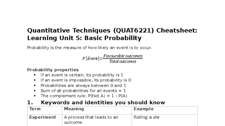 Quantitative Techniques (QUAT6221) Cheatsheet: Unit 5 - Basic Probability - Studocu