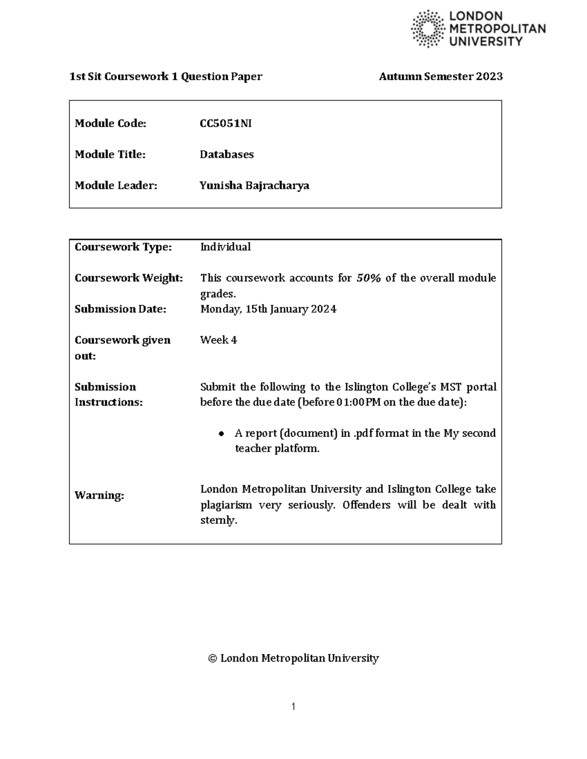 CC5051NI Databases Autumn 2023 Sit Coursework Question Paper - Studocu